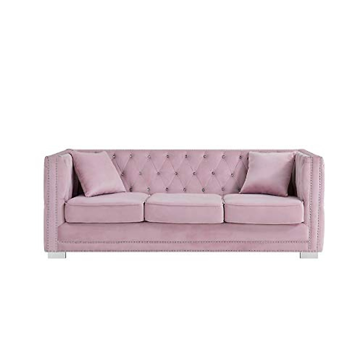 Iconic Home Christophe Sofa Velvet Upholstered Button Tufted Nailhead Trim Shelter Arm Design Silver Tone Metal Block Legs Modern Transitional, Pink