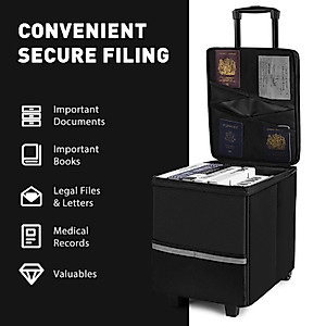 Fireproof File Box with Wheels and Telescopic Handle, Foldable Utility Cart Folding Portable Rolling Crate, Fireproof Document Organizer File Cabinet for Travel Office Use(Black)
