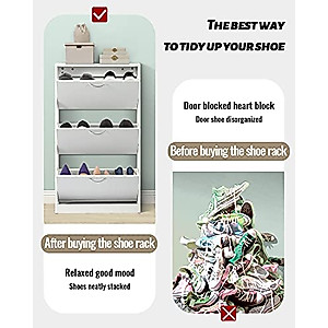 HOPUBUY Shoe Cabinet for Entryway, White Narrow Shoe Storage Cabinet Flip Down Shoe Rack Wood 3 Tier Shoe Organizer for Home and Apartment