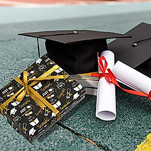 NEPOG 2022 Graduation Gift Wrapping Papers, 6 Sheets Black and Gold Gift Wrap Papers, 20 x 28 inch per sheet Folded Paper with 1 Roll Gold Ribbon for Graduation Party Gift Wrap DIY Craft