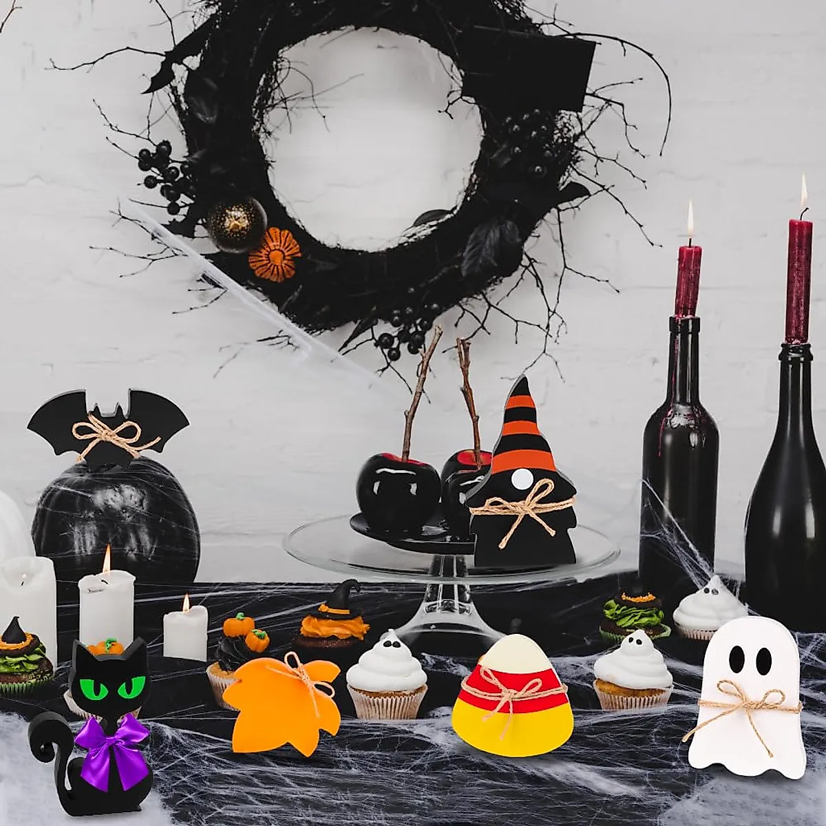 JOICEE Halloween Tiered Tray Decorations, 6Pcs Halloween Wooden Table Sign, Black Cat Ghost Bat Candy Corn Freestanding Table Shelf Farmhouse Rustic Signs for Halloween Home Indoor Décor.