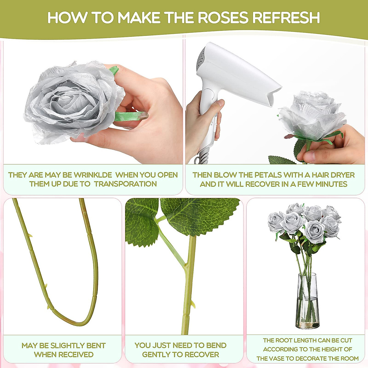 50 Pcs Artificial Rose Flower Realistic Silk Roses with Stem Bouquet of Flowers Plastic Flowers Real Looking Fake Roses for Home Wedding Centerpieces Party Decorations (Silver)