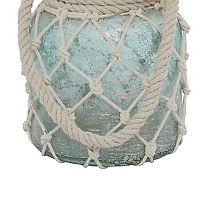 Deco 79 Glass Indoor Outdoor Candle Lantern Decorative Lantern Candle Holder with Rope Handle, Lantern 7" x 7" x 15", Blue