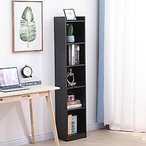 6 Tiers Cube Bookcase, 60' Narrow Corner Bookcase with Open Shelf, Tall Freestanding Bookshelf for Living Room Bedroom, Cube Display Shelves for Home Office, Wooden Slim Storage Tower, Black Walnut