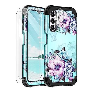 Casetego for Galaxy A14 5G Case,[2 Pack Tempered Screen Protector+2 Pack Camera Lens Protector],Floral Three Layer Heavy Duty Sturdy Shockproof Full Body Protective Case for Samsung A14,Blue Flower