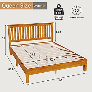 Solid Wood Bed Frame with Headboard, Bed Frame Wooden Platform Mattress Foundation Bed Frames with Storage, Wooden Slats Support, No Box Spring Needed, Under Bed Storage, Easy Assembly, Natural