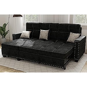 Ucloveria Reversible Sectional Sofa Couch, Sleeper Sofa Bed with Storage Chaise Pull Out Couch Bed for Living Room L-Shape Lounge 2 in 1 Sectional Couch with Pull Out Bed Black