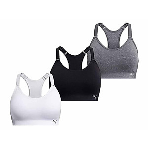 PUMA Women Sports Bra, 3-Pack (Black/White/Grey, Small)