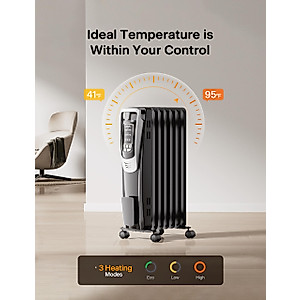 PELONIS Radiator Heater for indoor use Large Room with Remote, Thermostat & LED Display, Quiet Oil Filled Heater with 5 Temperature Settings, Overheat & Tip-Over Protection, Silver