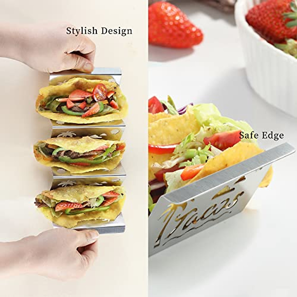 2PCS Stainless Steel Taco Holder, Premium Large Taco Holder Stand, Taco Stands for 3 Tacos, Soft or Hard Taco Shell Holder, Street Taco Rack, Dishwasher and Grill Safe, Perfect for Taco Tuesday