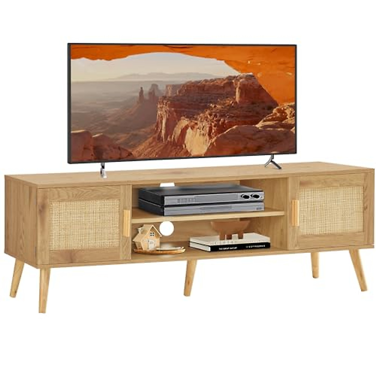 Iwell Boho Rattan TV Stand for 70 inch TV, Large TV Console, Entertainment Center with Adjustable Shelf and 2 Cabinets, Mid Century Modern TV Stands for Living Room, Bedroom, Natural