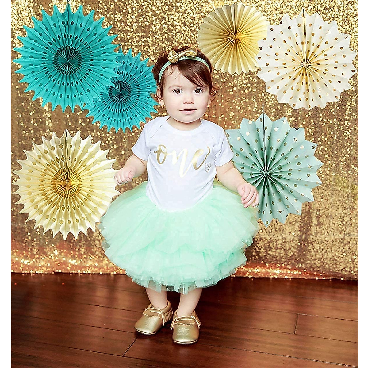 Teal Gold Birthday Party Decorations Women Cream Mint Gold Polka Dot Paper Fans for Teal Bridal Shower Decorations Teal Gold Wedding/Eid Mubarak Party Decorations