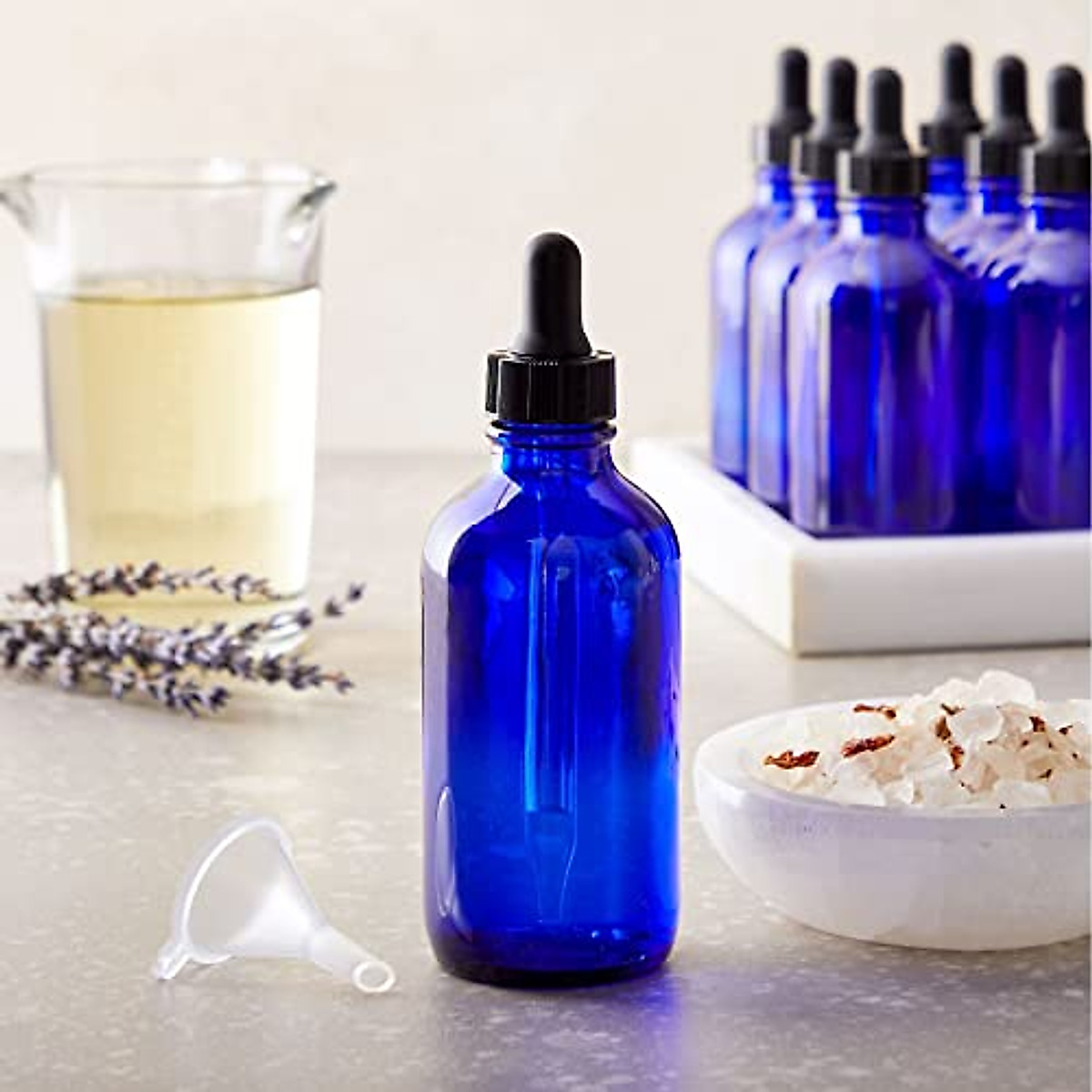 Juvale 30pcs Set, 24 Count 4oz 120ml Blue Glass Dropper Bottles and 6 Funnels for Essential Oils and Perfumes