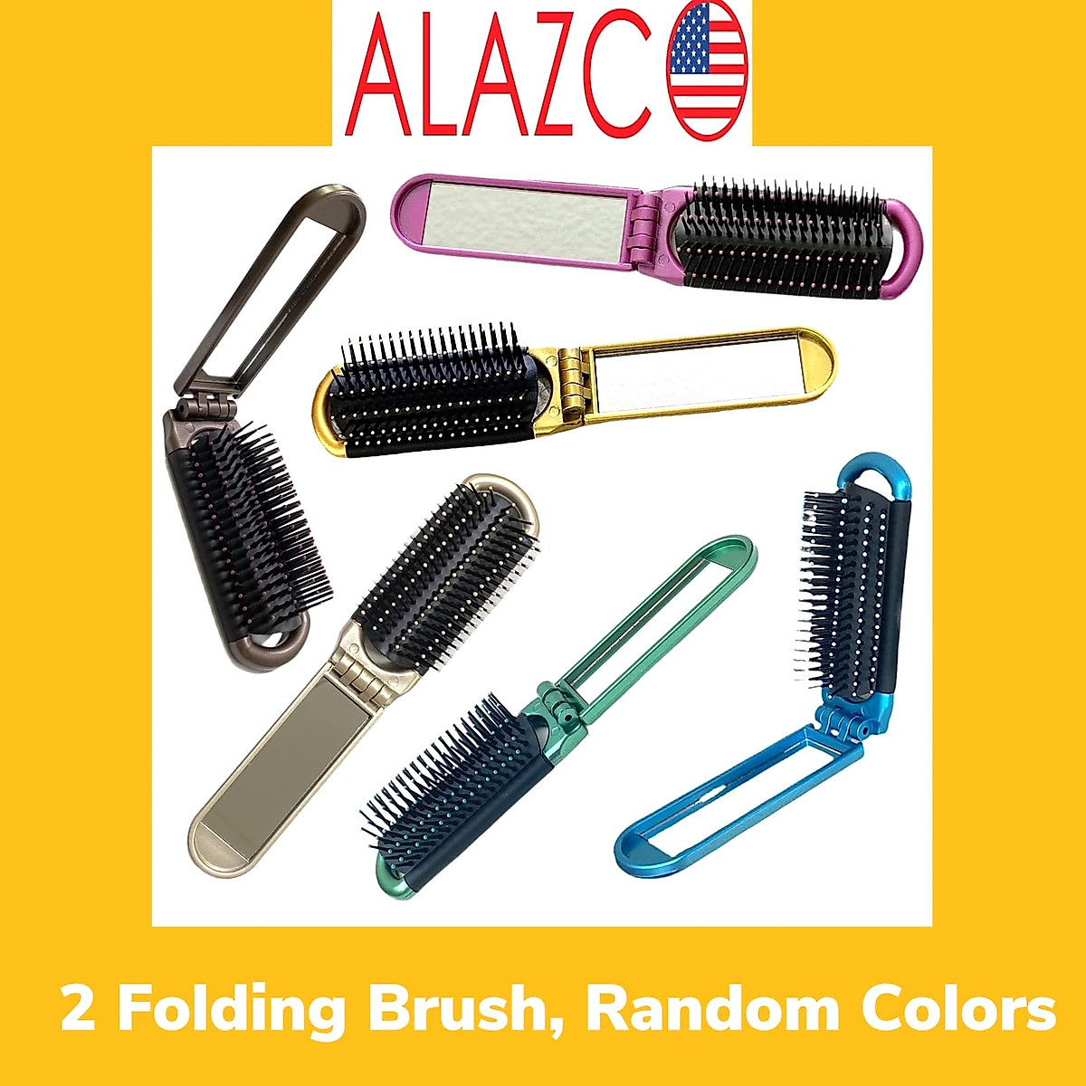 ALAZCO 2 Assorted Colors Folding Hair Brush With Mirror Compact Pocket Size Travel Car Gym Bag Purse Locker Swimming Camping Sleepover Gift and more