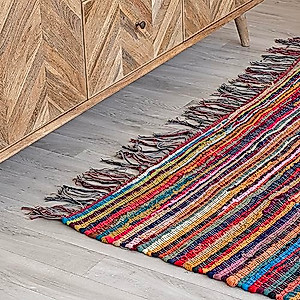 HOMEMONDE Reversible Handmade Chindi Rug Boho 20x32 Inch 100% Recycled Material Farmhouse Braided Rag Rug with Colorful Tassels for Living Room, Bedroom, Kitchen, Doormats