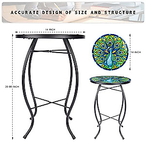 MUMTOP Outdoor Side Table - Small Mosaic Patio Table, Peacock 14” Round Accent End Coffee Table Glass Plant Stand for Garden Patio Living Room(Green)