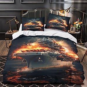 Hypoallergenic Bedding Set Cozy Battleships Comforter Covers 3D Printed Warships Quilt Cover Microfiber Duvet Cover 3 Pieces for Kids and Adults with Pillowcase Twin（173x218cm）