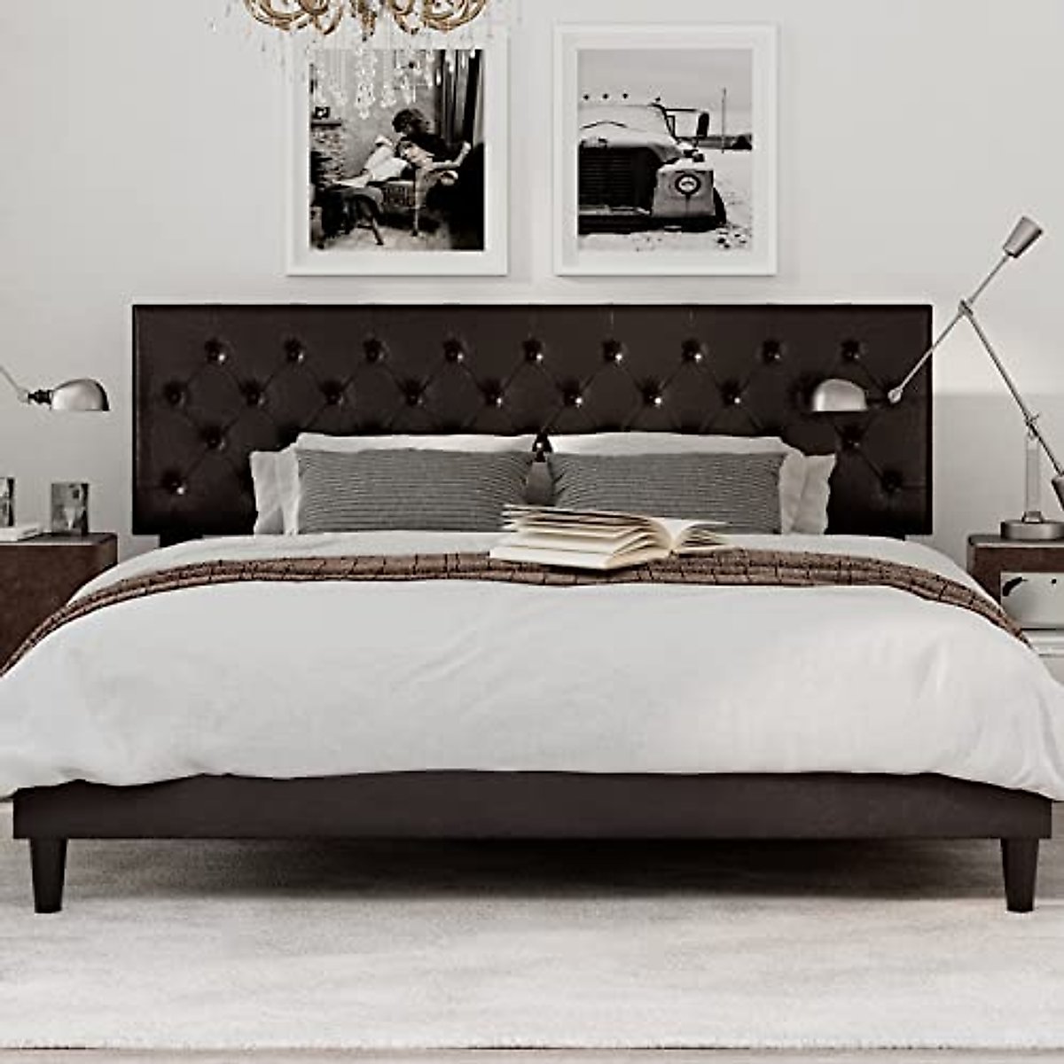 IMUsee King Size Faux Leather Upholstered Platform Bed Frame with Adjustable Button Tufted Headboard, Wooden Slats, No Box Spring Needed, Easy Assembly, Dark Brown