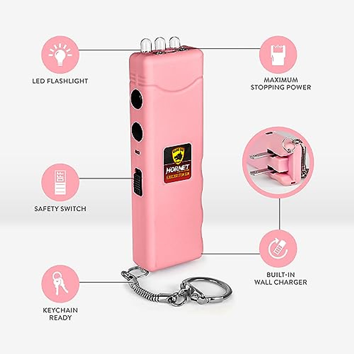 Guard Dog Hornet Micro Stun Gun Keychain - with LED Flashlight, Safety Switch, and Powerful Shock, Heavy Duty Keychain Stun Gun with Bright Flashlight, Built-in Charger, Women Self Defense - Pink
