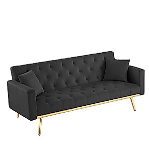 Modern Velvet Convertible Sleeper Sofa Bed with 2 Pillows, Futon Sofa Couch Loveseat with Multiple Adjustable Positions and Gold Metal Legs for Living Room Bedroom Office Apartment (Black)