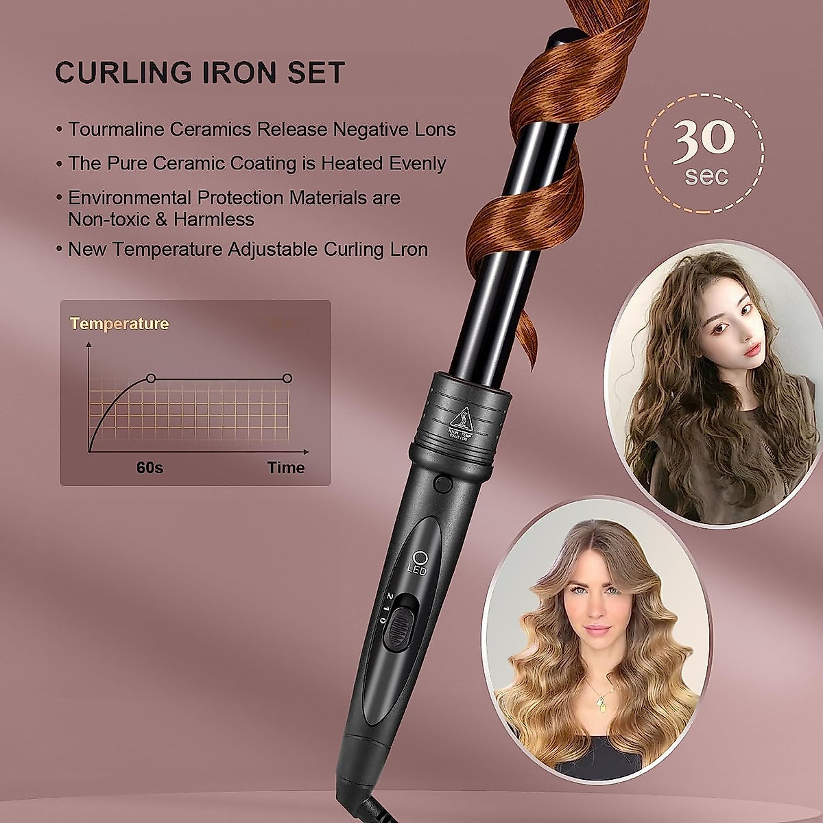 5 In 1 Curling Wand Set, Curling Iron Interchangeable Ceramic Barrels (0.35-1.25 Inch), Heating Hair Curler Kit with Protective Glove & 2 Clips Ceramic Coated for All Hair Types, Gift for Girls, Women
