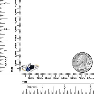 Gem Stone King 1.10 Ct Round Black Onyx Blue Created Sapphire 925 Silver and 10K Yellow Gold Lab Grown Diamond 2 Stone Crossover Ring (Size 8)