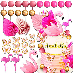 JeVenis 30 PCS Pink Flamingo Cake Topper Luau Cake Decorations Hawaiian Cake Topper Beach Cake Topper Decorations for Birthday Baby Shower Bridal Shower Wedding Party
