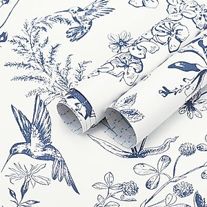 Safiyya Peel and Stick Wallpaper Floral Birds Contact Paper Blue and White Wallpaper Peel and Stick Modern Wallpaper Boho Wallpaper Removable Self Adhesive Wallpaper Vinyl Rolls 118"x17.3"