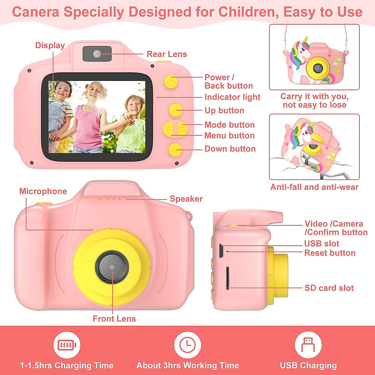 SELPONT Toys for Girls Ages 3-8+, Upgrade Kids Selfie 1080P Digital Video Camera for Toddler with Cartoon Silicone Cover, Christmas Birthday Gifts for Girls, Portable Camera with 32GB SD Card-Pink