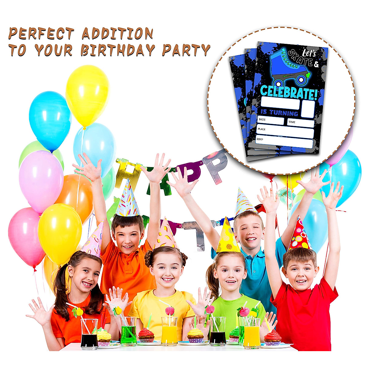 ONDTOM Blue Roller Skating Birthday Party Invitations With Envelopes(4" x 6")- 20 Pack - Neon Glow Skating Party Invites-c15