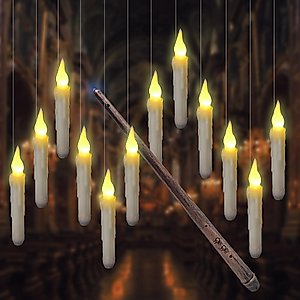 KLOA HLOA 12Pcs Floating Candles with Wand, Magic Deco Hanging Candles with String, Flickering Warm Light, Battery Operated, Decor for Halloween, Christmas, Wedding, Party