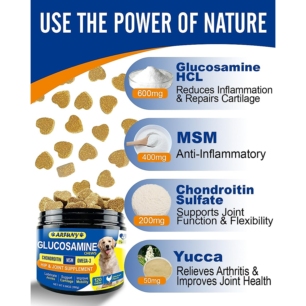 Joint Supplement For Dogs, Hip & Joint Health, Pain Relief, Mobility & Flexibility Support, Glucosamine, Chondroitin, MSM & Omega-3, Turmeric, Advanced Pet Vitamin (Chicken Flavor / 120 Chews)