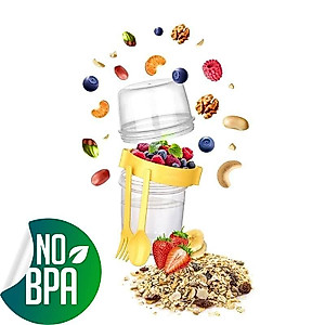 GanoOne On the Go Cups, Take and Go Cup with Topping Cereal or Oatmeal Container, Portable Lux Cereal To-Go Container with Top Lid Granola & Fruit Compartment (Yellow)