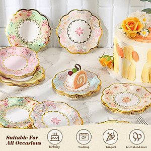 Maxcheck 72 Pcs Floral Paper Plates Flower Plates with Gold Rim Disposable Plates for Tea Party Decorations Birthday Baby Shower Wedding Bridal Supplies (6 Inch)