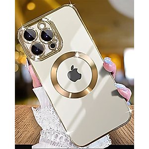 Uxinuo Magnetic Matallic Glossy Clear for iPhone 14 Pro Max Phone Case with Full Camera Cover Protection [N52 Magnets] [Military Grade Drop Protection] for Women Girls Phone Case (6.7") Golden