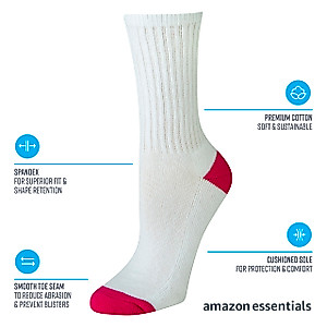 Amazon Essentials Women's Cotton Crew Socks, Lightly Cushioned, 10 Pairs, White, 6-9