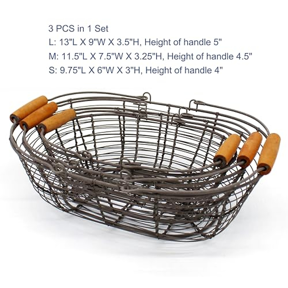 CVHOMEDECO. Oval Metal Wire Storage Baskets Rustic Egg Baskets with Wooden Handles Farmhouse Gathering Baskets. Rusty, Set of 3