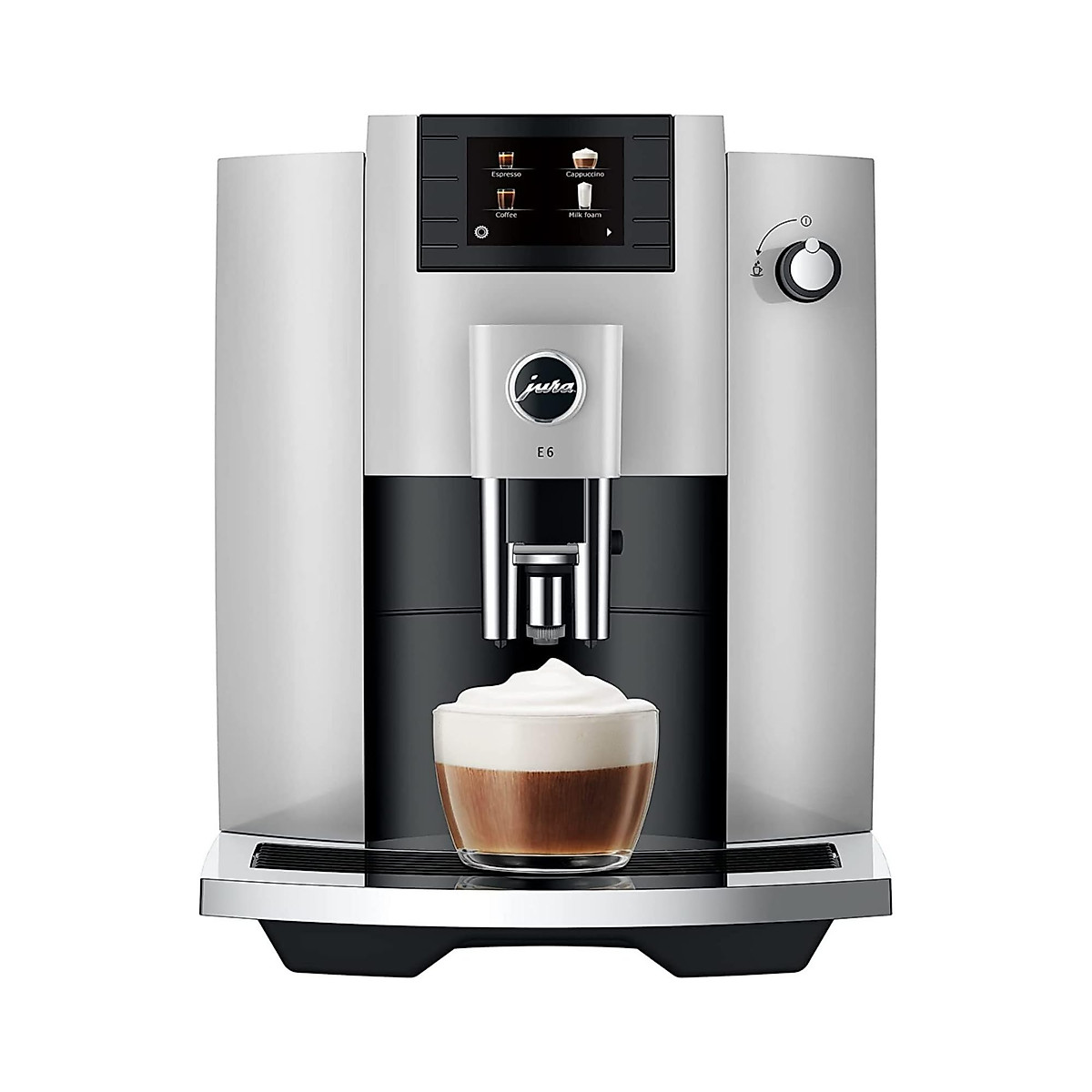Jura E6 Automatic, Affordable Espresso Machine with Programmable Coffee Strength (Platinum) Bundle with Smart Filter Cartridge, Cleaning Tablets, Coffee Beans Bag, and Glass Milk Container (5 Items)