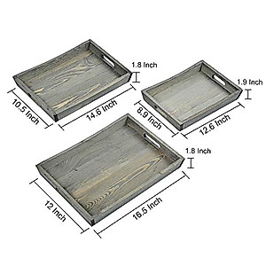 Vintage Rustic Wood Ottoman Serving Tray,Rectangular Tray Set,Nesting Breakfast Serving Tray with Cutout Handles, Set of 3,for Bedroom liveroom Office Home Kitchen (ReckGrey)