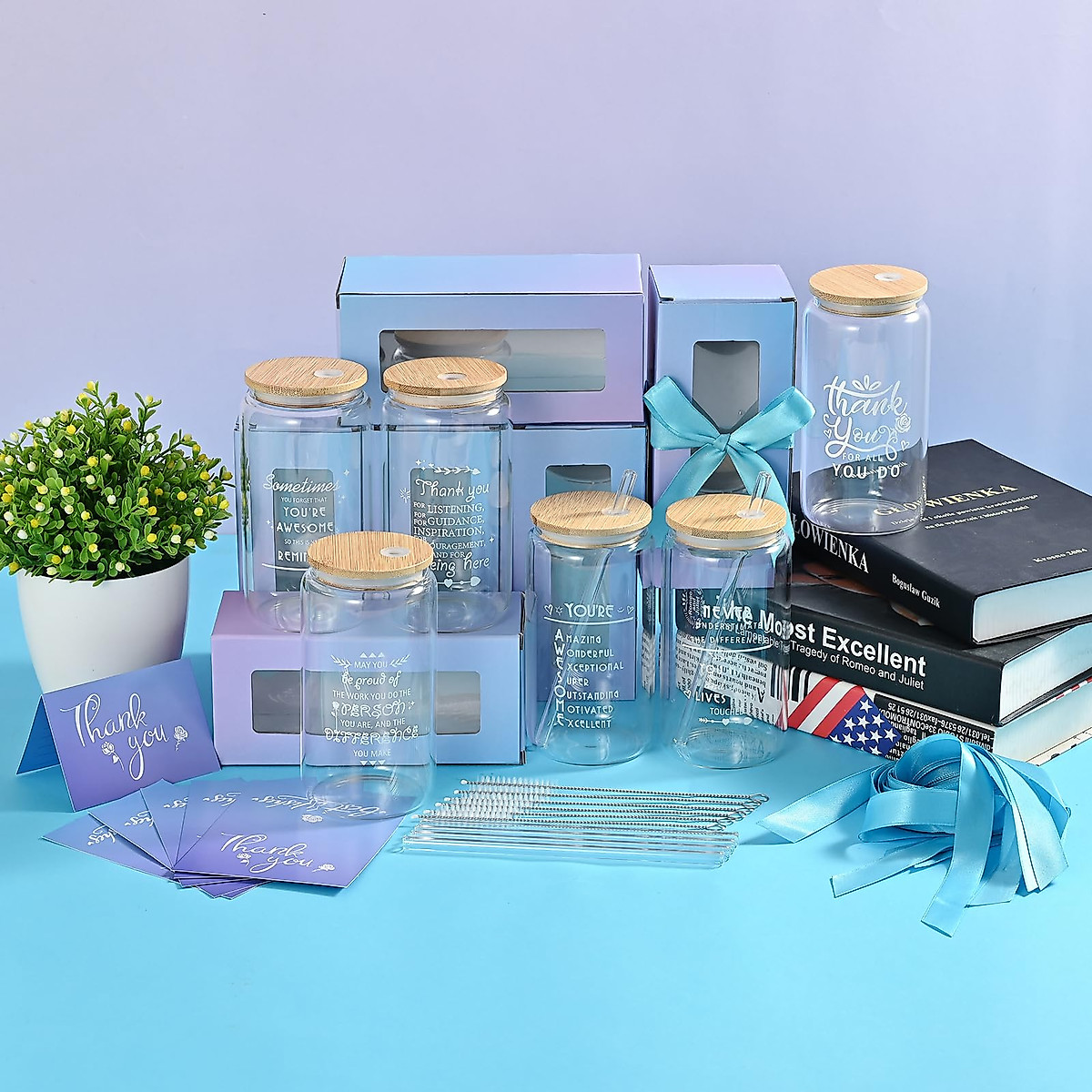 6 Set Employee Appreciation Presents Bulk, Personalized Inspirational Thank You Presents for Staff Coworker 16oz Can Shaped Beer Glass Cups with Lids and Straws, Box and Card for Team Women Men