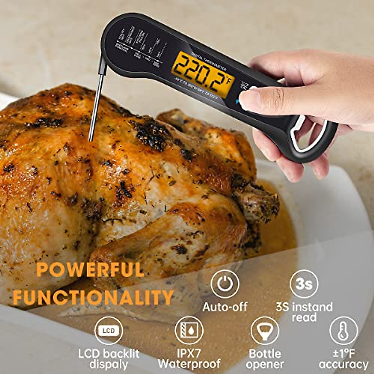 OWOXER Digital Meat Thermometer, Instant Read Food Thermometer with Probe, Waterproof Cooking Thermometer with Backlight, Professional Grill Thermometer for Kitchen, Outdoor and BBQ
