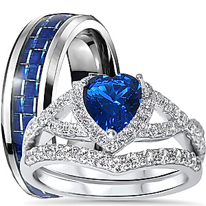 LaRaso & Co His Hers Trio Wedding Set Sterling Silver Blue Sapphire CZ Bridal Band Engagement Couples Rings Him Her Thin Blue Line