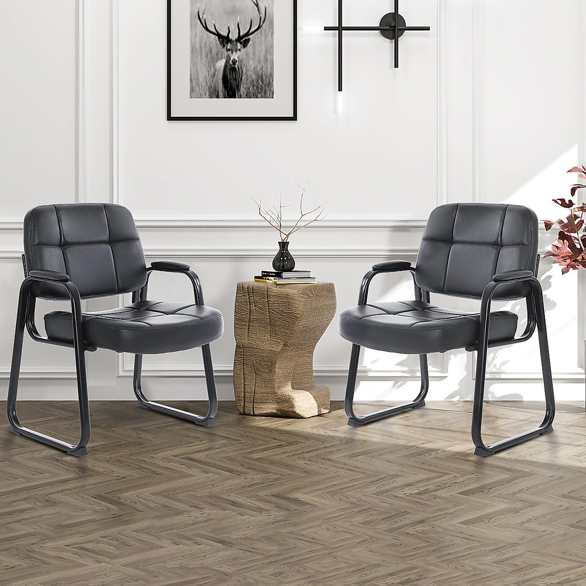 CLATINA Big & Tall Waiting Room Guest Chair with Bonded Leather Padded Arm Rest and Sled Base for Office Reception Lobby and Conference Desk, Black(2 Pack)