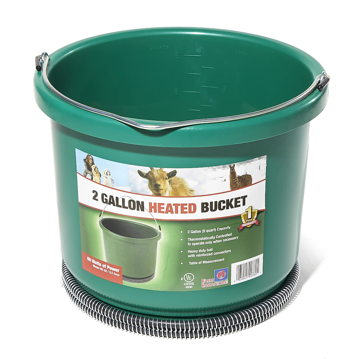 Farm Innovators HB-60 9 Quart 2 Gallon Plastic Heated Bucket w/Metal Handle, Built in Thermostat, & Anti Chew Cord Protector, 60 Watt, Green (3 Pack)