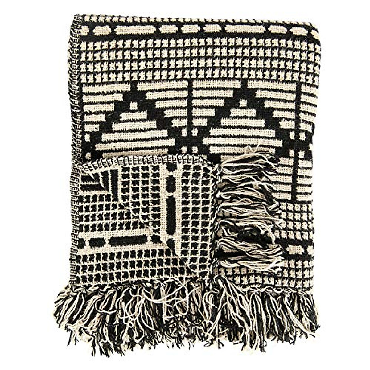 Bloomingville Black & Beige Woven Cotton Blend Blanket with Fringe Throw, One Size fits All, Black