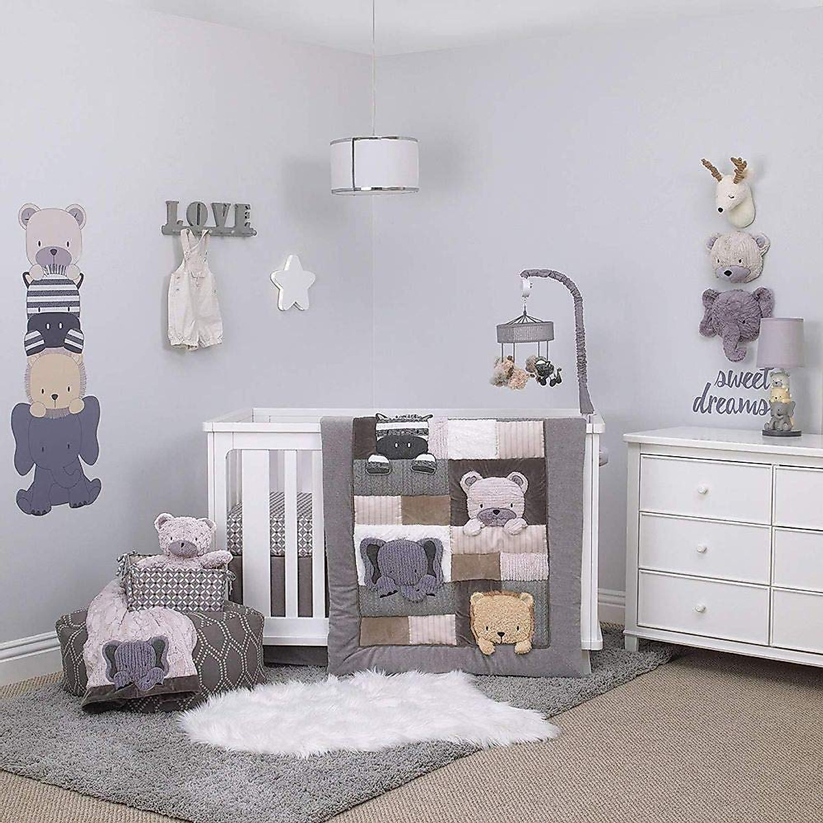 NoJo Play Day Pals Elephant/Bear/Lion/Zebra Animal 4 Piece Nursery Crib Bedding Set, Grey, Tan, Taupe, White