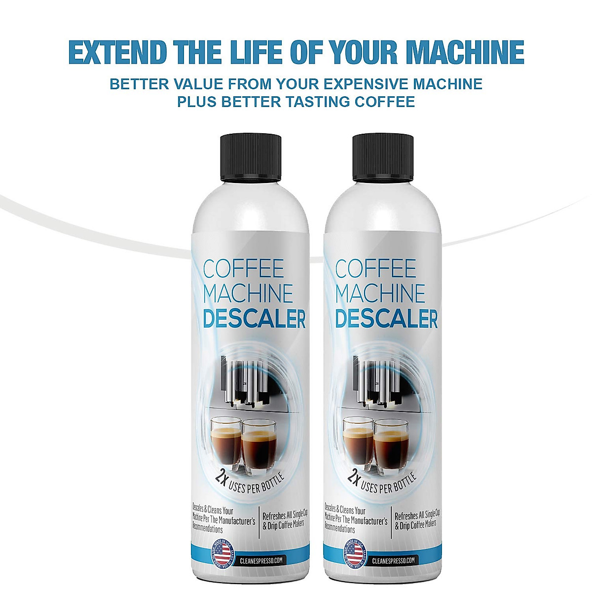 Descaling Solution for Coffee & Espresso Machines - 2 Bottle Pack (4 Uses) - Universally Compatible Descaler Cleaner for Keurig, Breville, Nespresso, Delonghi & All Single Use or Drip Machines