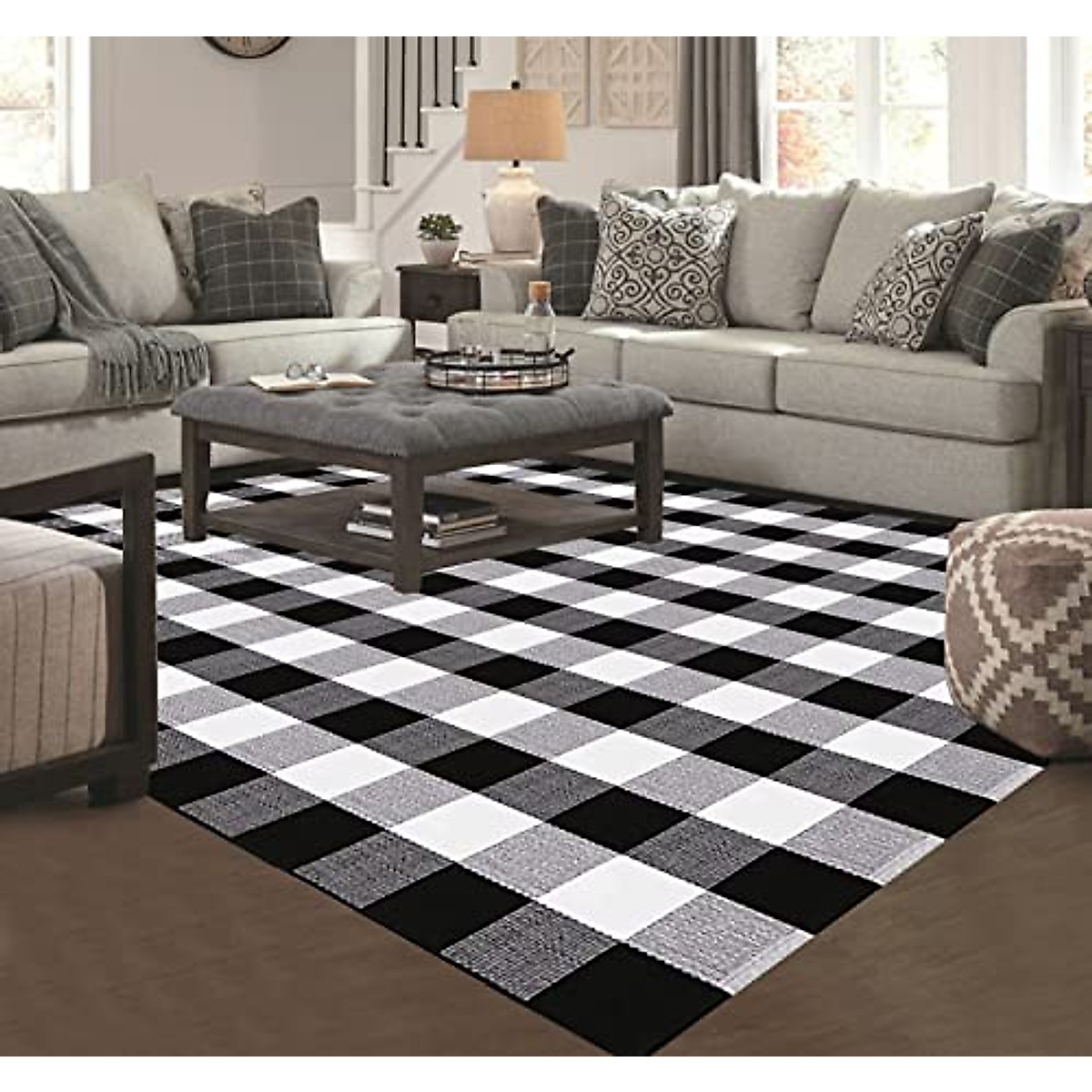 LHLJOYU Buffalo Plaid Rug Black and White Check Rugs Extra Large 5' x 7' Machine Washable Carpet Retro Lattice Checkered Outdoor Rug for Living Room Dining Room Bedroom Farmhouse(Plaid, 5' x 7')