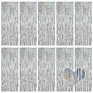 10 Pack Silver Backdrop Curtain 3.2ft x 8.2ft Metallic Tinsel Foil Fringe Curtains Photo Booth Background for Birthday Party Decoration Baby Shower Engagement Wedding Christmas Decoration (Silver)