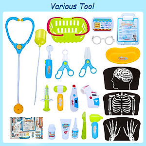 Doctor Kits for Kids 3-5 with Stethoscope Doctor Dress Up Costume Light X-Ray Trolley Toy Pretend Medical Play Doctor for Toddler Girl Boy 3 4 5 Years Old Birthday Gifts